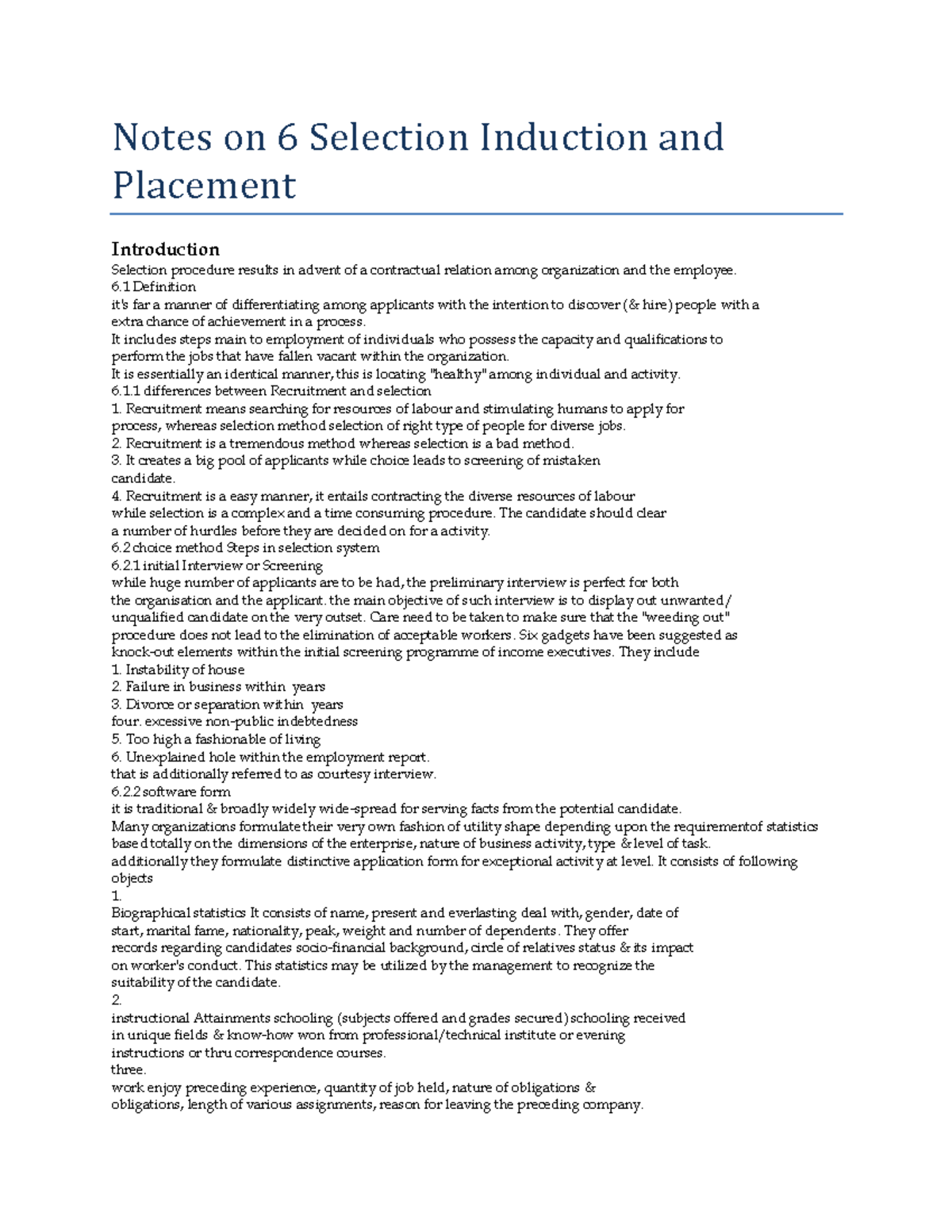 Notes on 6 Selection Induction and Placement - Notes on 6 Selection ...