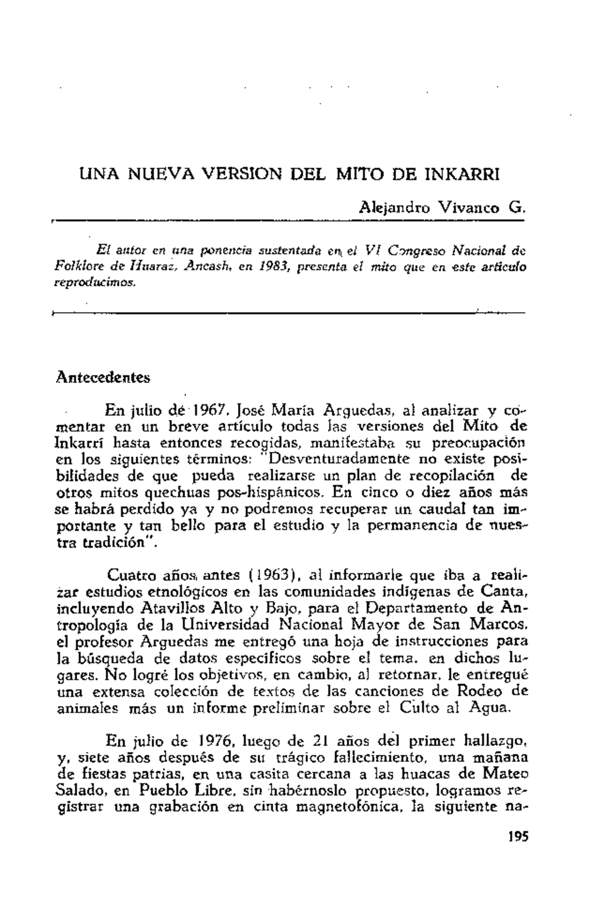 Mito de inkarri - UNA NUEVA VERSION DEL MITO DE INKARRI Alejandro ...