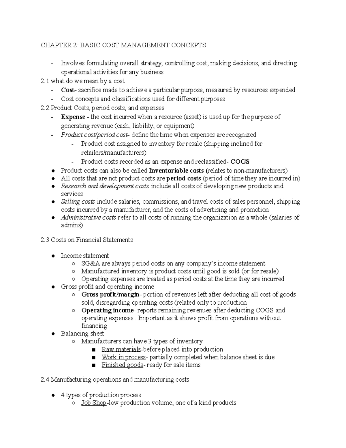 BUAD 281 Chapter 2 - textbook summary - CHAPTER 2: BASIC COST ...