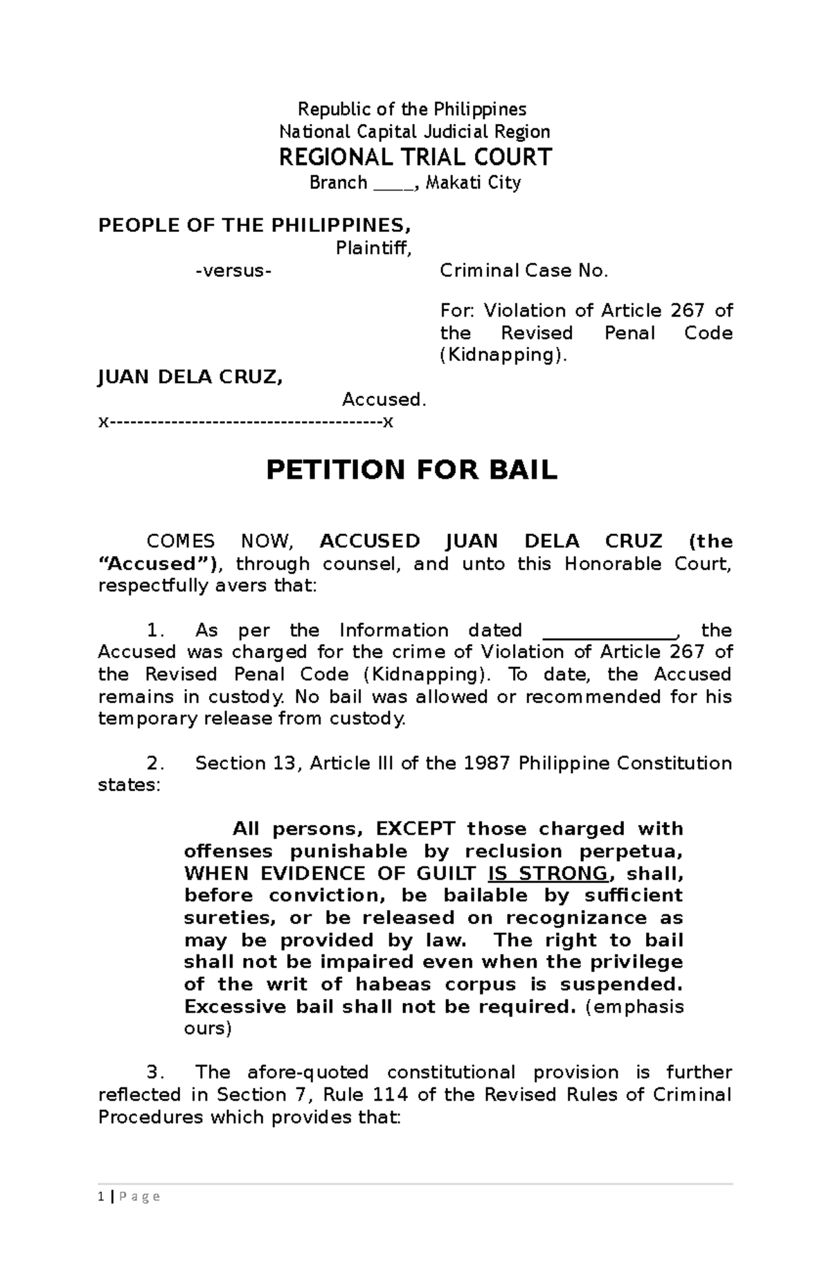 413216279 Petition for Bail Sample - Republic of the Philippines ...