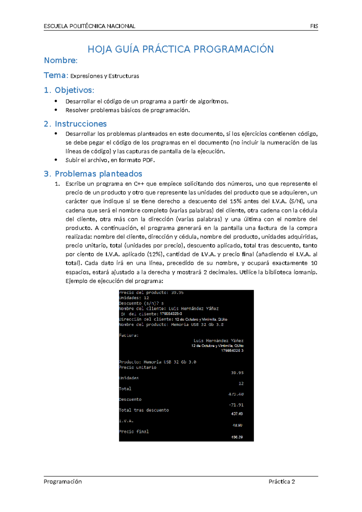 Programación hoja guia - Expresiones y Estructuras - ESCUELA POLITÉCNICA NACIONAL FIS HOJA GUÍA ...