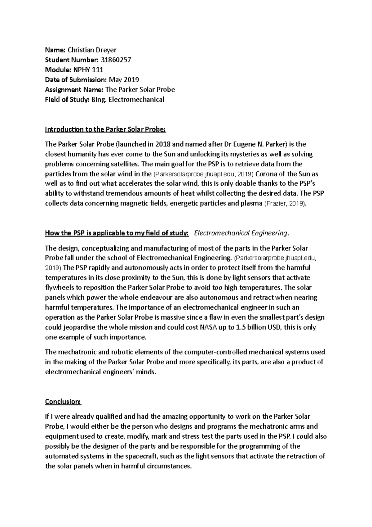 Parker Solar Probe assignment - Name: Christian Dreyer Student Number ...