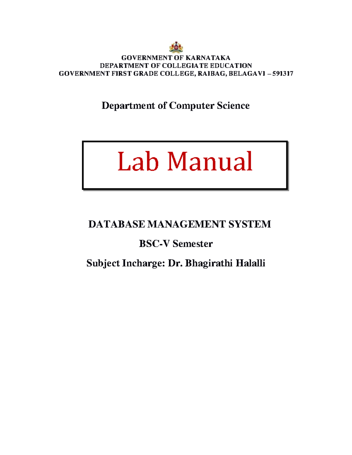 Dbms lab - GOVERNMENT OF KARNATAKA DEPARTMENT OF COLLEGIATE EDUCATION ...