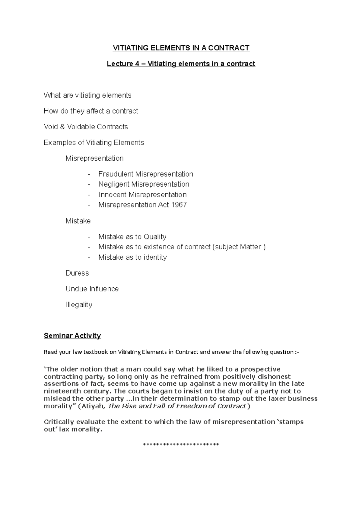 Lect 3 - tutorial - VITIATING ELEMENTS IN A CONTRACT Lecture 4 ...