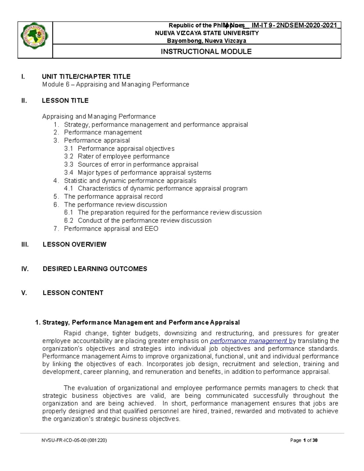 Module-6-Final - Appraising and Managing Performance 1. Strategy ...