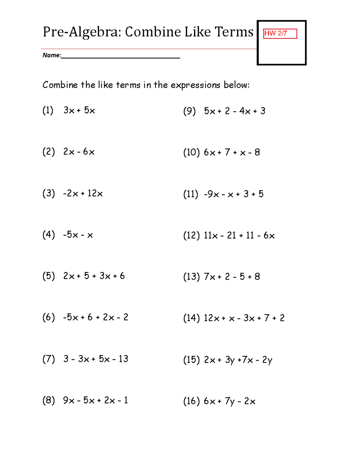 Pre Algebra Practice Worksheet Combine Like Terms - Name