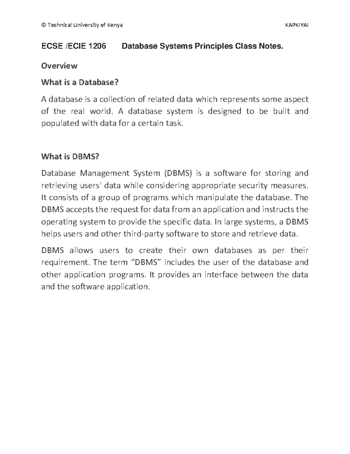 Database Management System Notes week 2&3 - ECSE /ECIE 1206 Database ...