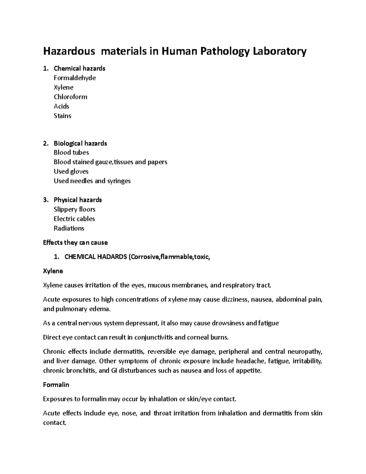 Hazardous materials in Human Pathology Laboratory - Hazardous materials ...