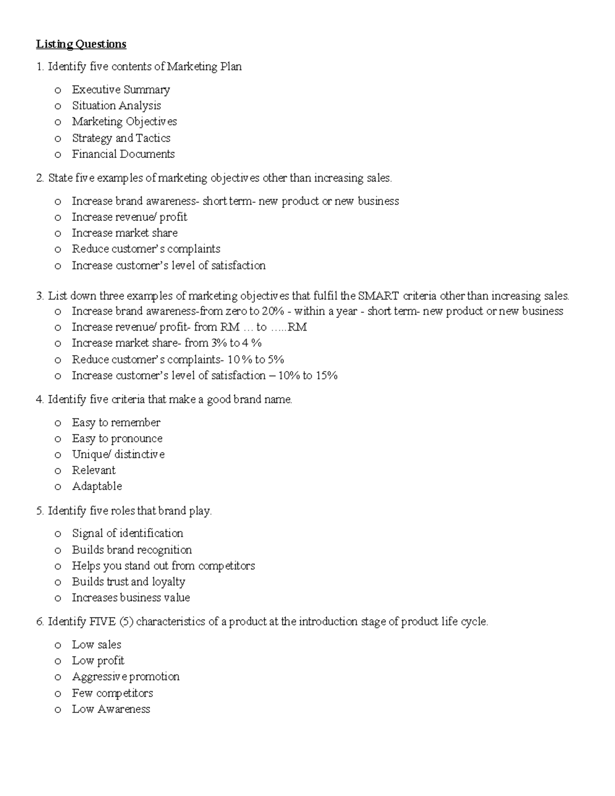 Important marketing topics for final exam - Listing Questions Identify ...