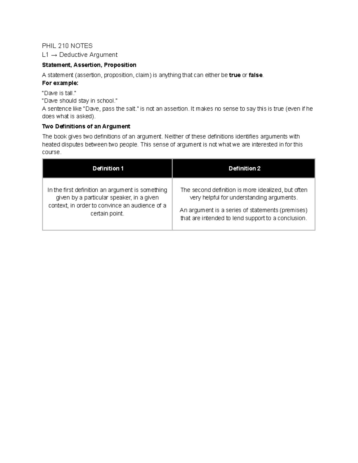 PHIL 210 Notes - PHIL 210 NOTES L1 → Deductive Argument Statement ...