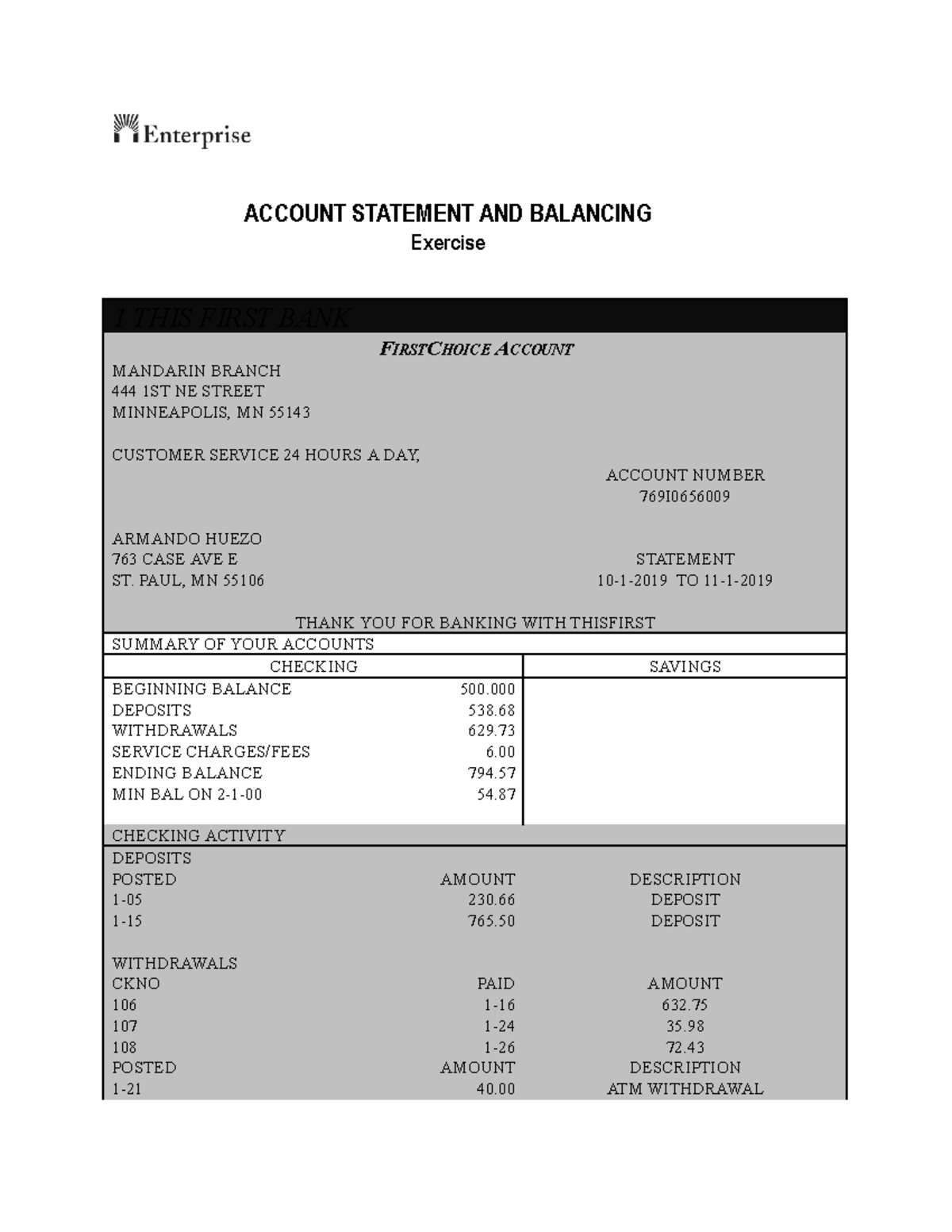 Bank statement template 12 - ACCOUNT STATEMENT AND BALANCING Exercise 1 ...