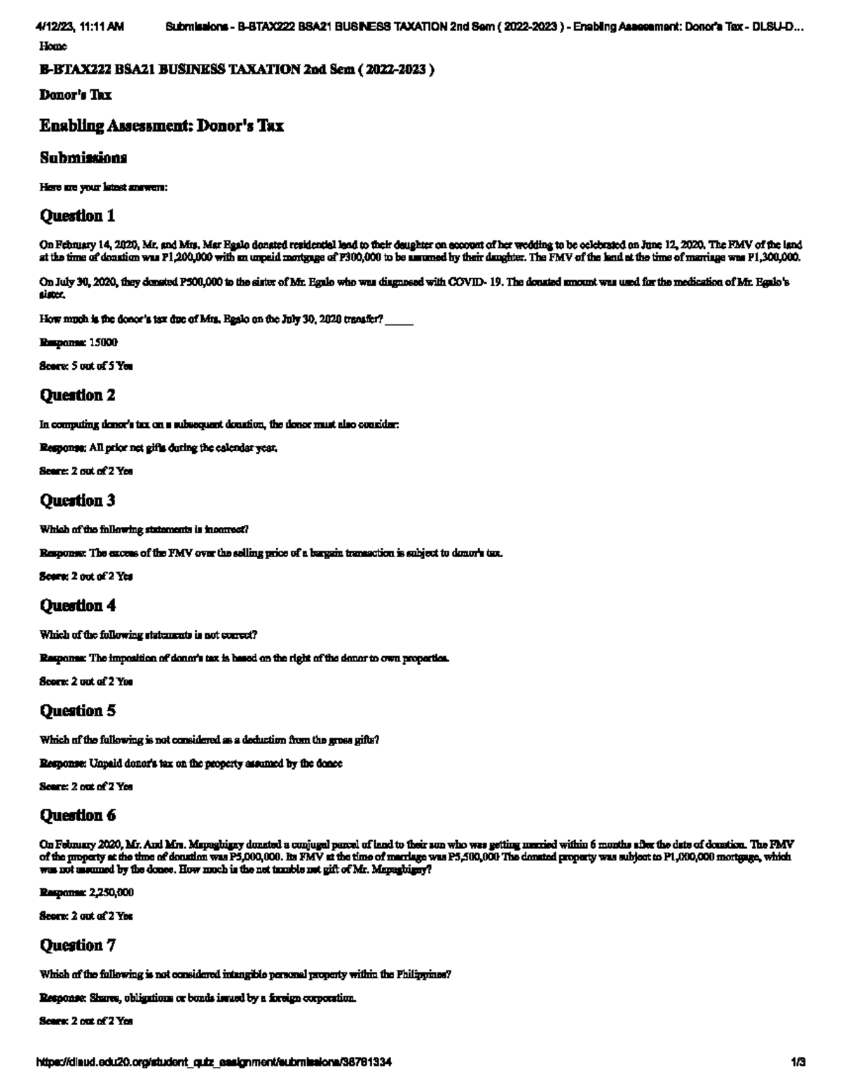EA Donor's Tax - Answer Key - Taxation - Studocu