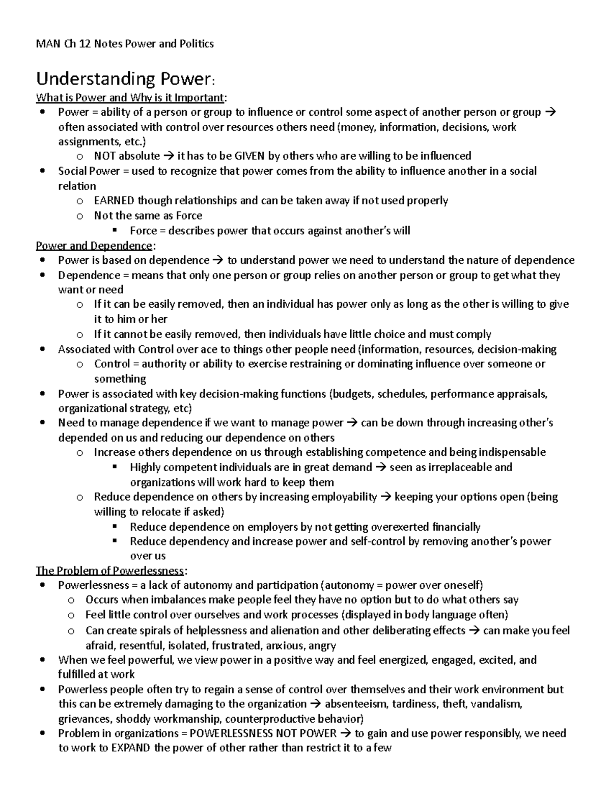 MAN Ch 12 Notes Power and Politics - MAN Ch 12 Notes Power and Politics ...