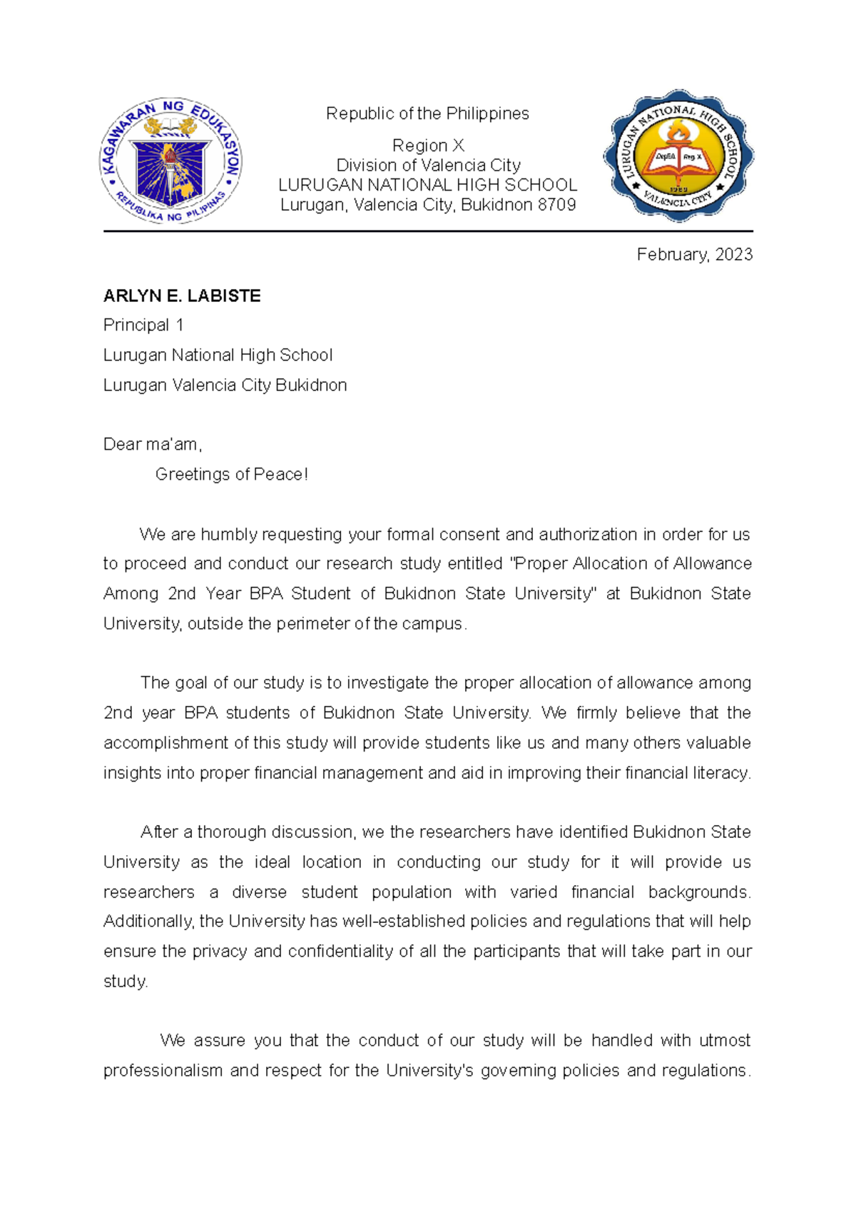 Letter to the Principalsf - Republic of the Philippines Region X ...
