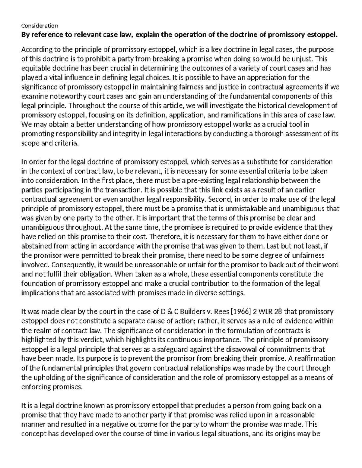 PROMISSORY ESTOPPEL - Consideration By reference to relevant case law ...