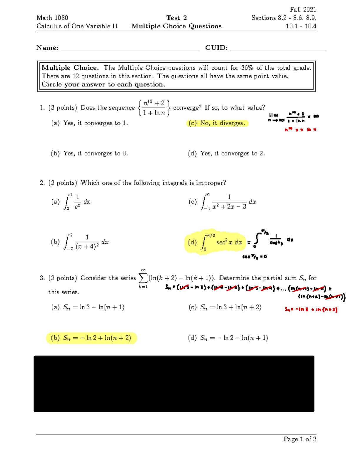 Exam 2 Multiple Choice- Fall 2021 - Math 1080 Calculus of One Variable ...