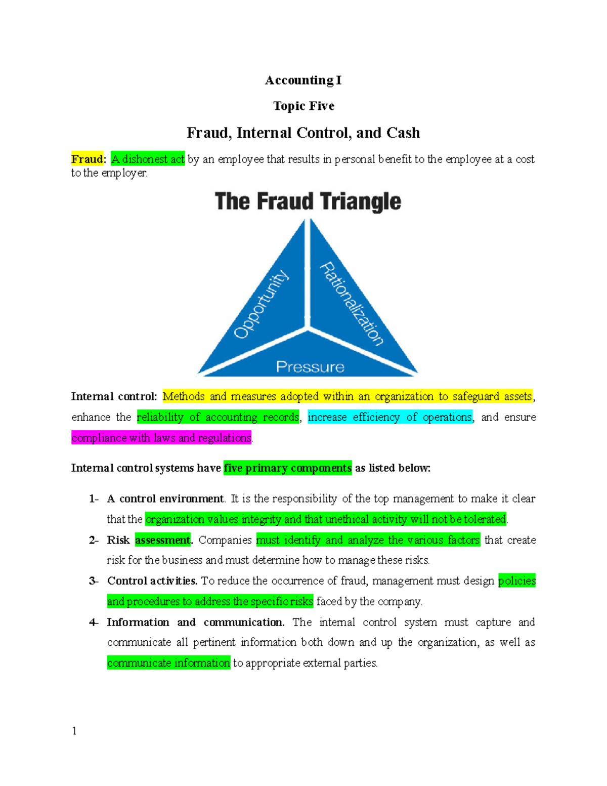 Topic 5 - notes - Accounting I Topic Five Fraud, Internal Control, and ...