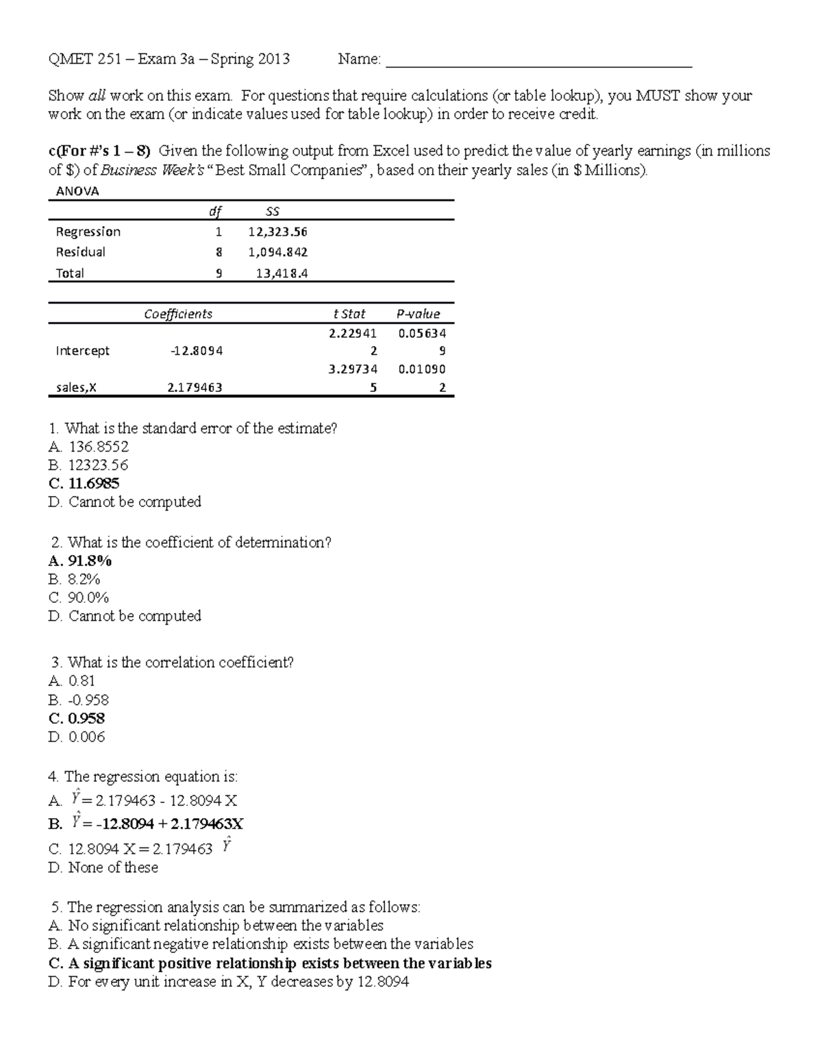 QMET 251 - Sample Exam 3 questions - QMET 251 – Exam 3a – Spring 2013 Name: - Studocu