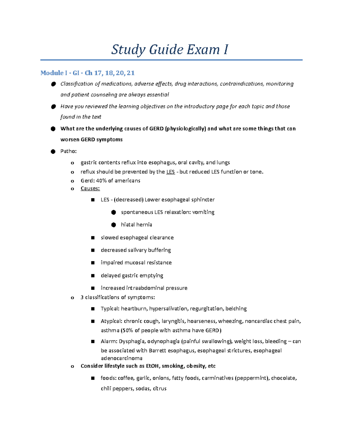 Pharm Guide Exam I - Study Guide Exam I Module I - GI - Ch 17, 18, 20 ...
