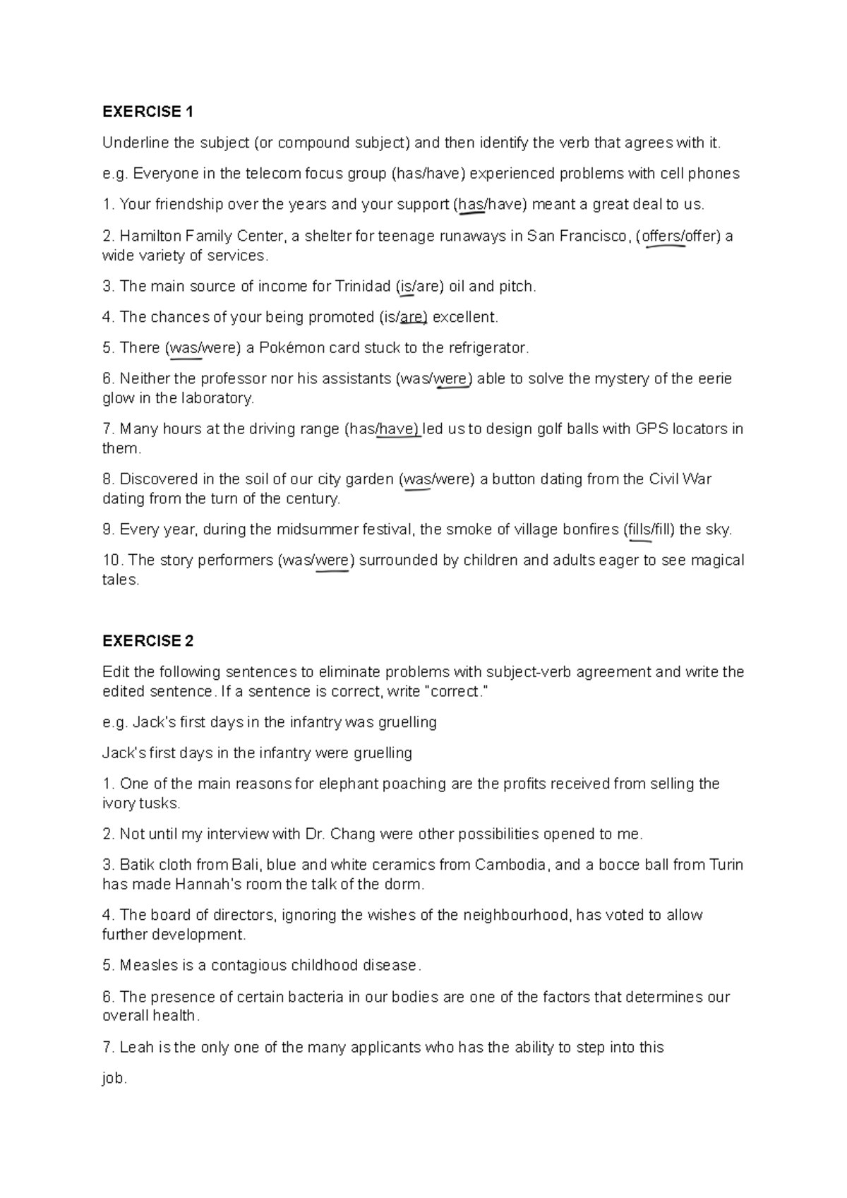 SVA exercises - nak premium - EXERCISE 1 Underline the subject (or ...