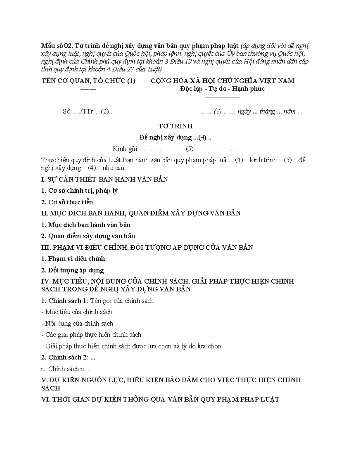 Mauso 2-PL3 - bnb - Mẫu số 02. Tờ trình đề nghị xây dựng văn bản quy ...