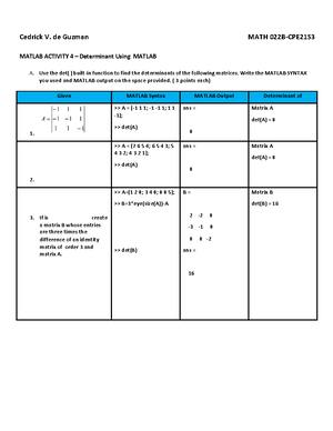 Matlab Activity (Determinants of Matrices) - Fundamentals Of Matlab Programming - TIP - Studocu