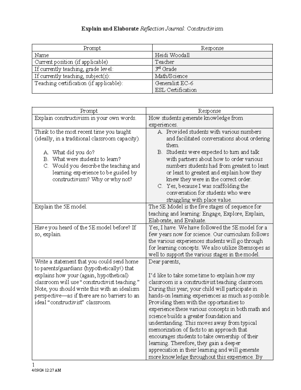 Explain and Elaborate Reflection Journal Constructivism Woodall ...