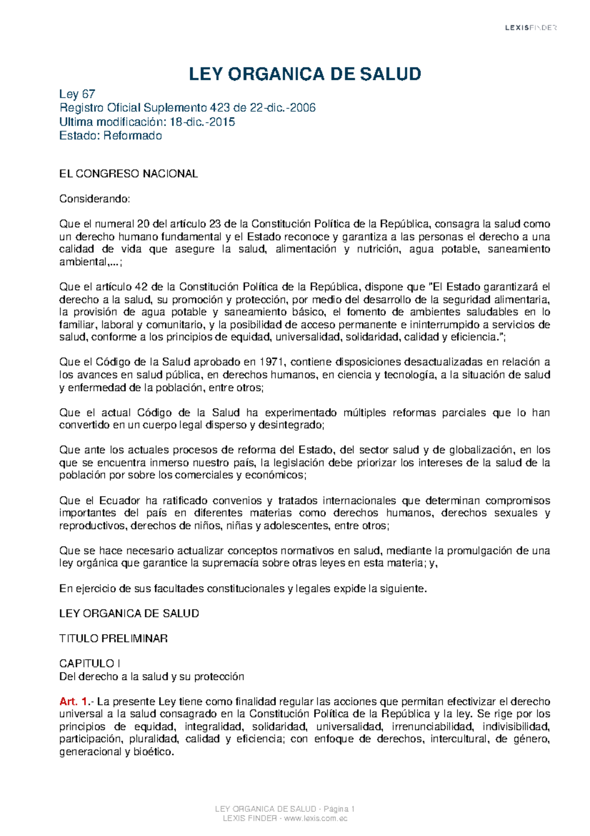 LEY- Orgánica-DE- Salud 4 - LEY ORGANICA DE SALUD Ley 67 Registro ...