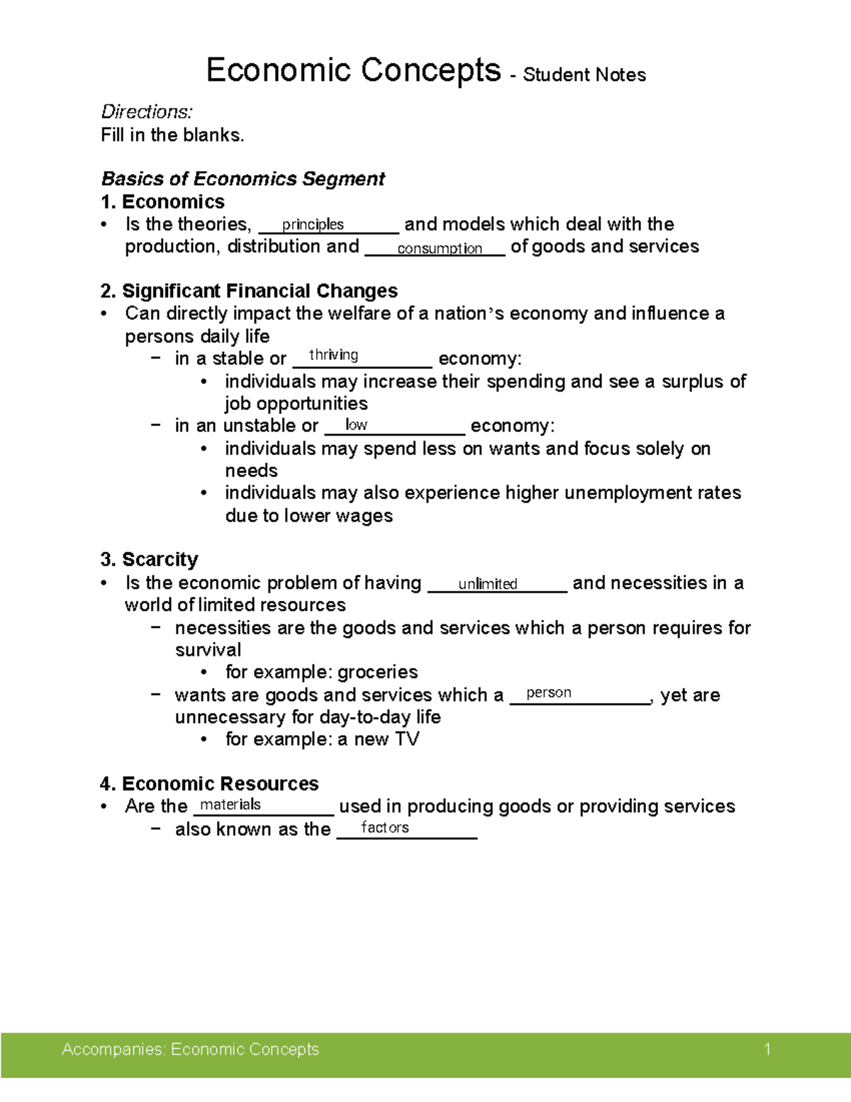 Kami Export - Student Notes Economic Concepts - Directions: Fill in the ...