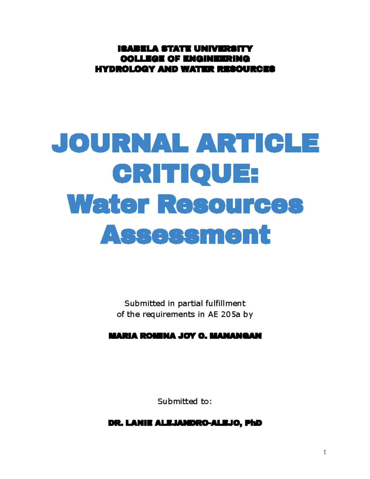 JOURNAL ARTICLE CRITIQUE: Water Resources Assessment - ISABELA STATE ...