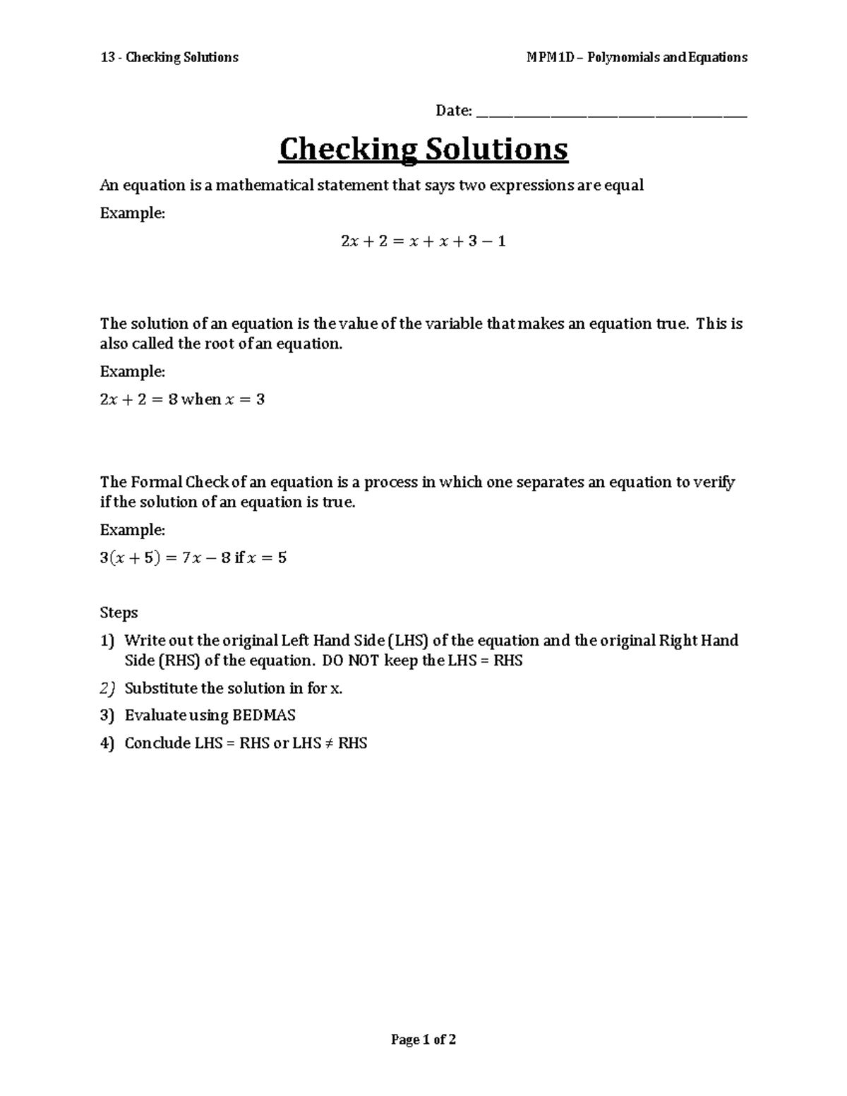 13 - Checking Solutions - This is also called the root of an equation ...
