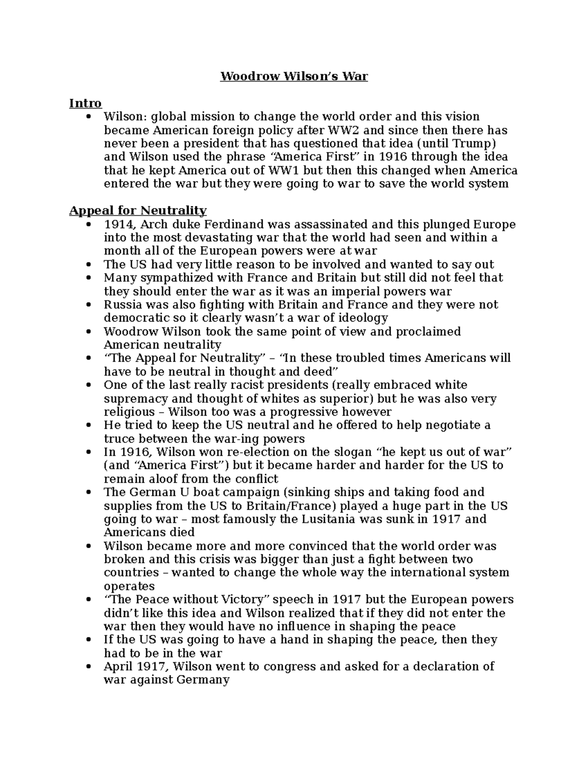 Woodrow Wilson’s War - 2301 - Woodrow Wilson’s War Intro Wilson: global ...