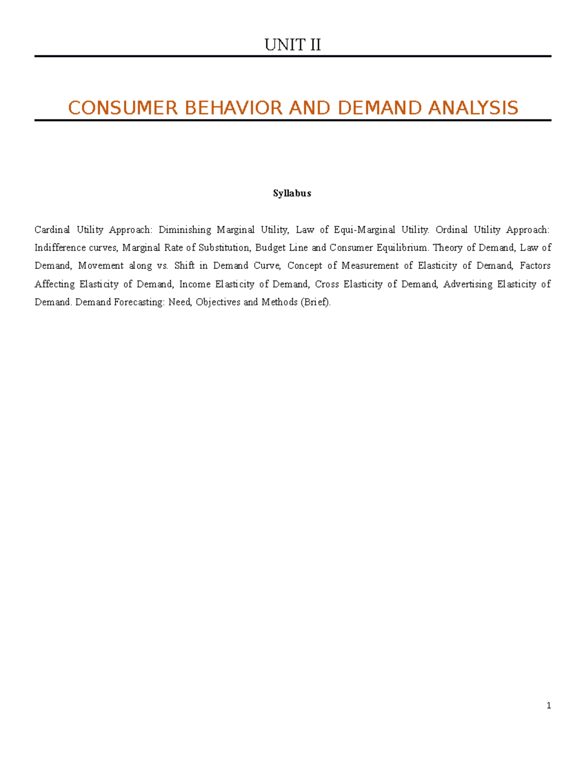 Unit 2- Consumer behaivour and Demand Analysis - UNIT II CONSUMER BEHAVIOR AND DEMAND ANALYSIS ...