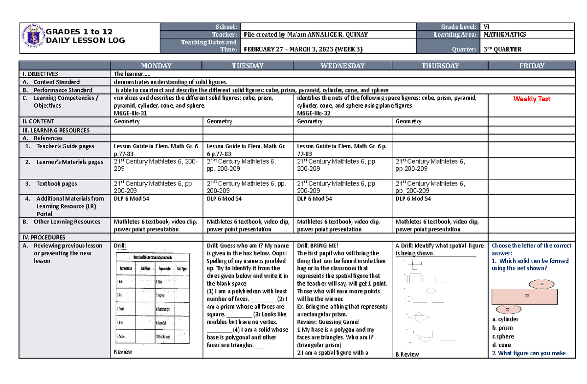 DLL Mathematics 6 Q3 W3 - GRADES 1 to 12 DAILY LESSON LOG School: Grade Level: VI Teacher: File ...