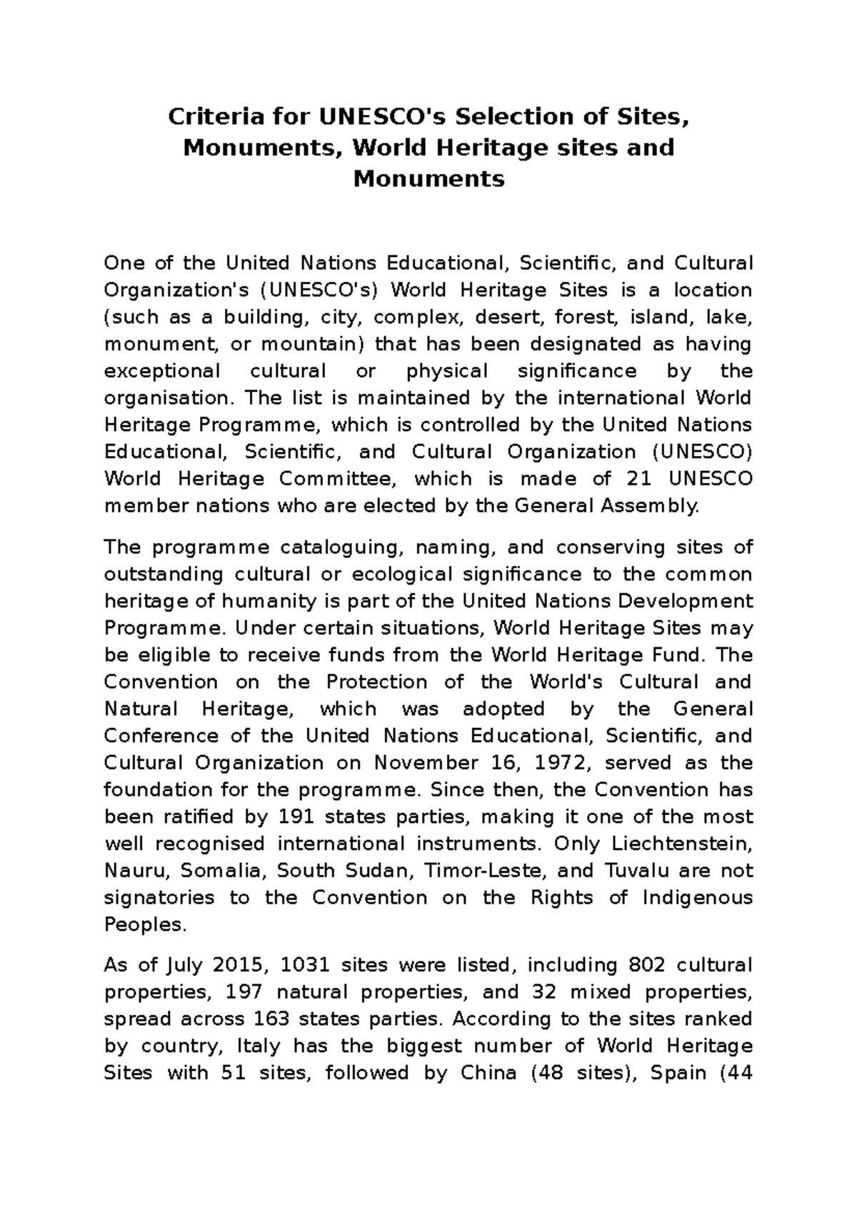 Criteria for Unesco's Selection of Sites, Monuments, World Heritage ...