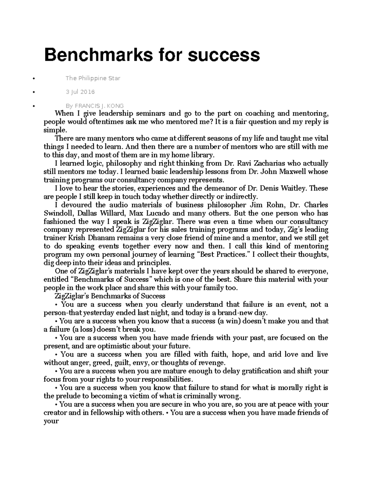 Benchmarks for success reference - Benchmarks for success The ...