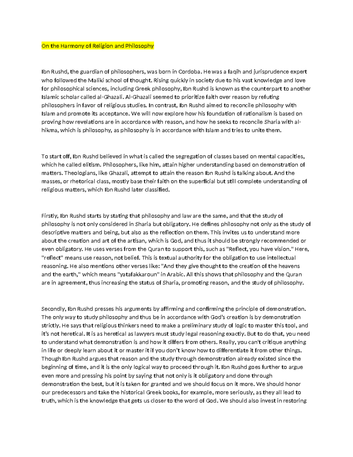 Ibn Rushd Notes - On the Harmony of Religion and Philosophy Ibn Rushd ...