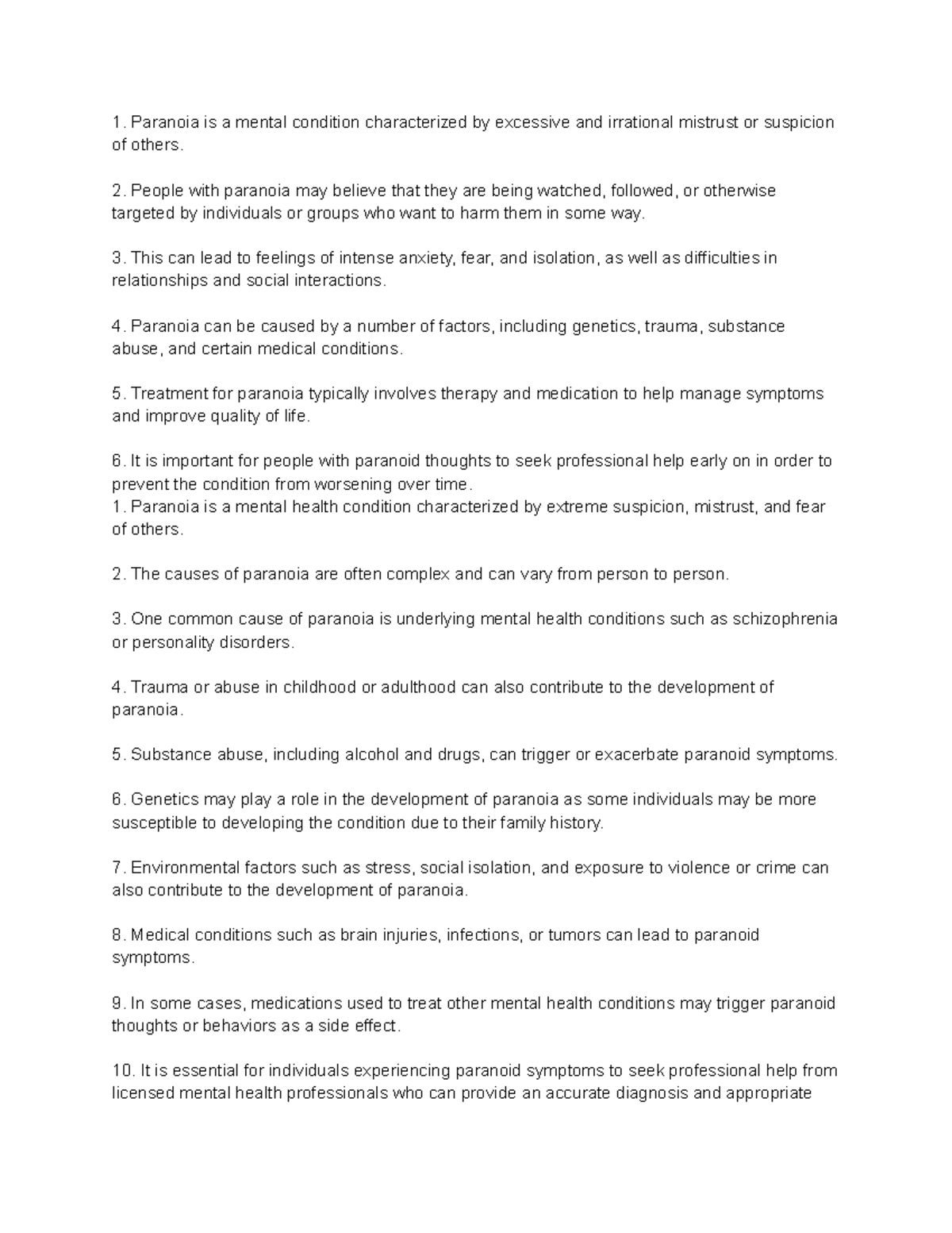 Notes for class multiple chapters - Paranoia is a mental condition ...