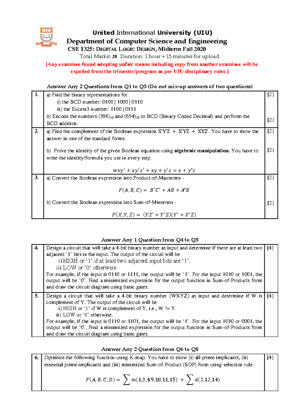 DLD Midterm Fall 2020 - Question paper - Department of Computer Science and Engineering CSE 1325 ...