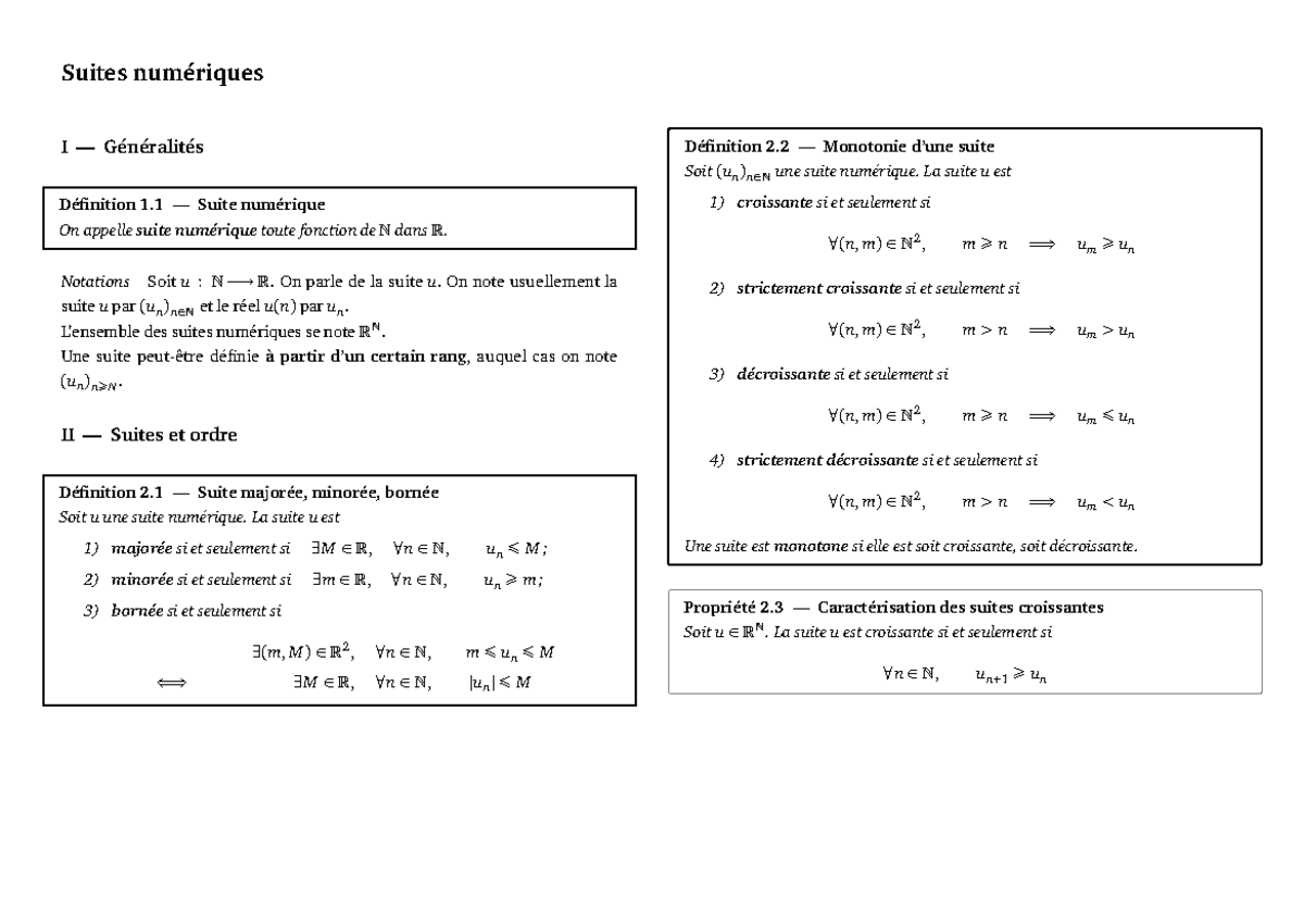 Les suites numériques - Suites numériques I — Généralités Définition 1 ...