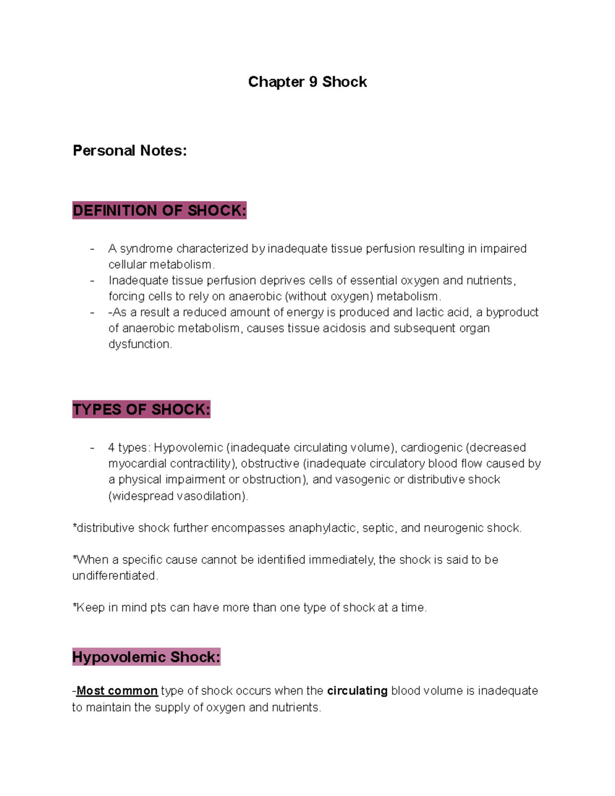 Unitek LVN shock notes - Chapter 9 Shock Personal Notes: DEFINITION OF ...