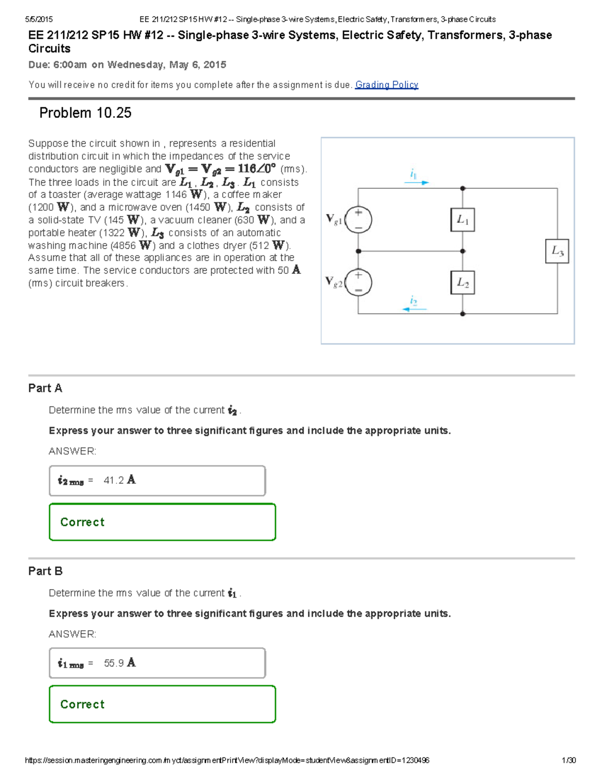 EE 211 212 SP15 HW #12 - Single-phase 3-wire Systems, Electric Safety ...