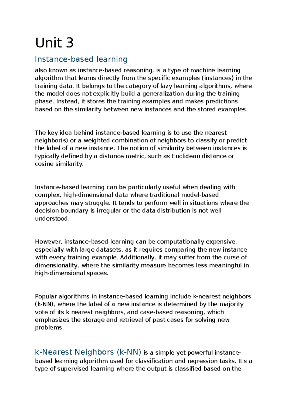 Unit 3 - This is a brief introduction about unit 3 - Unit 3 Instance-based learning also known ...