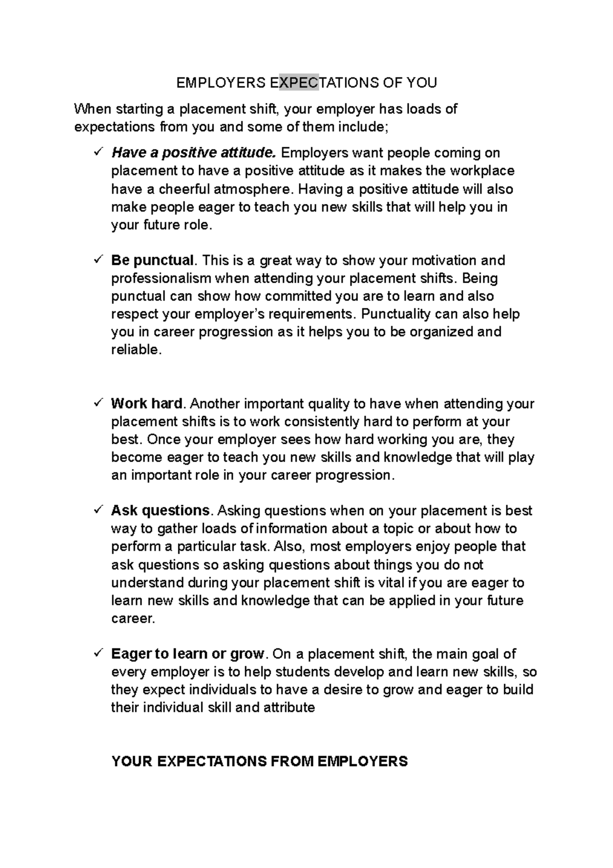 Expectations - notes on statistics - EMPLOYERS EXPECTATIONS OF YOU When ...