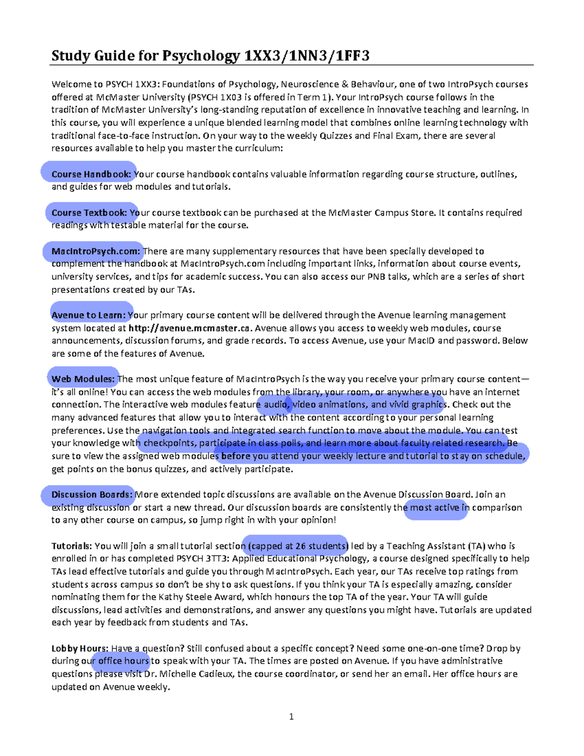 Study Guide psych 1xx3 - Study Guide for Psychology 1XX3/1NN3/1FF ...