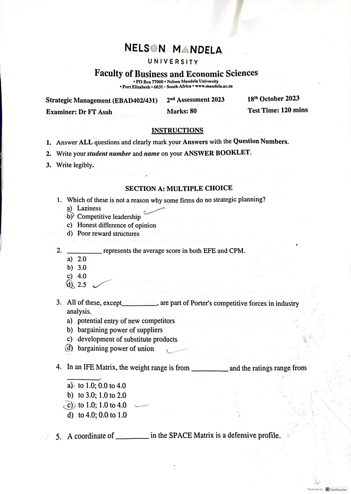 Strategic management test 2 - NELSON MANDELA UNIVERSITY Faculty of ...