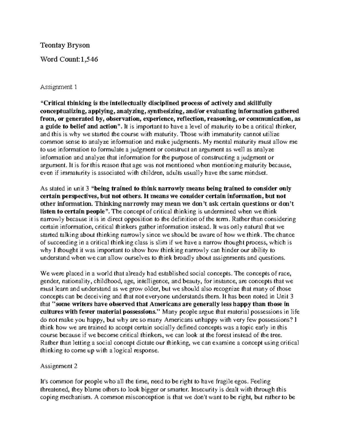 Assignment 4 - Critical Thinking - Teontay Bryson Word Count:1 ...
