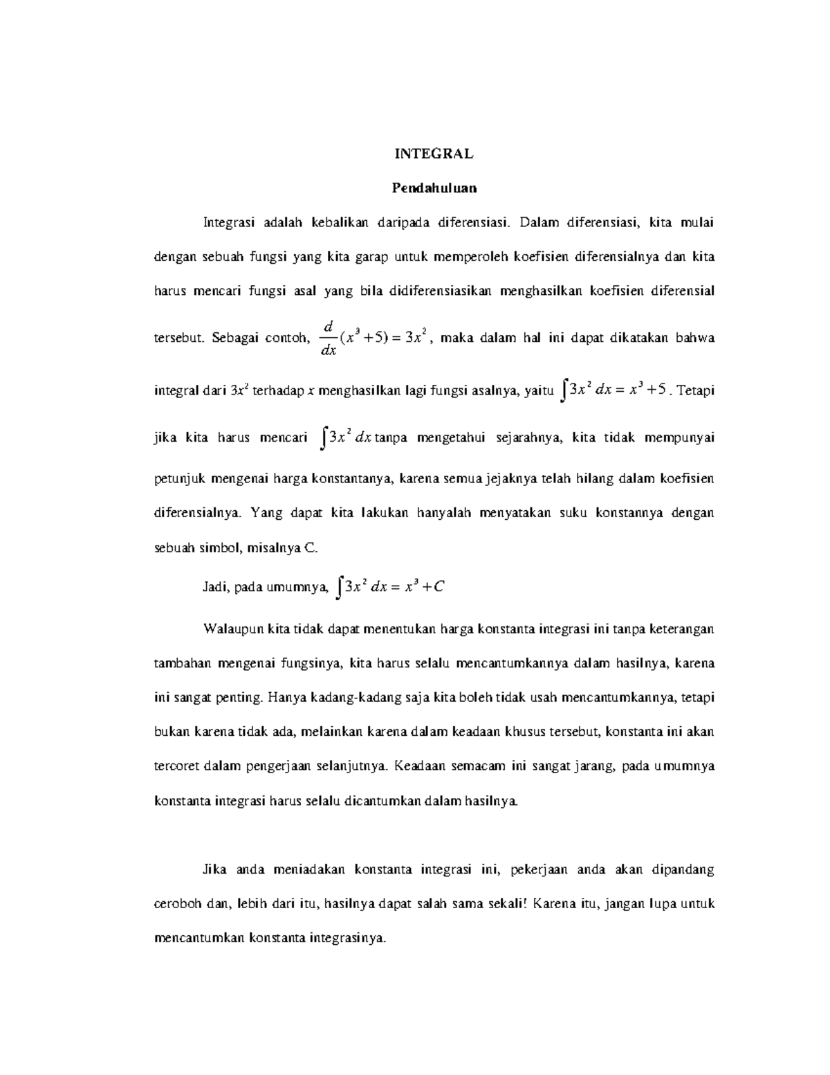 Matematika Teknik Integral - INTEGRAL Pendahuluan Integrasi adalah ...