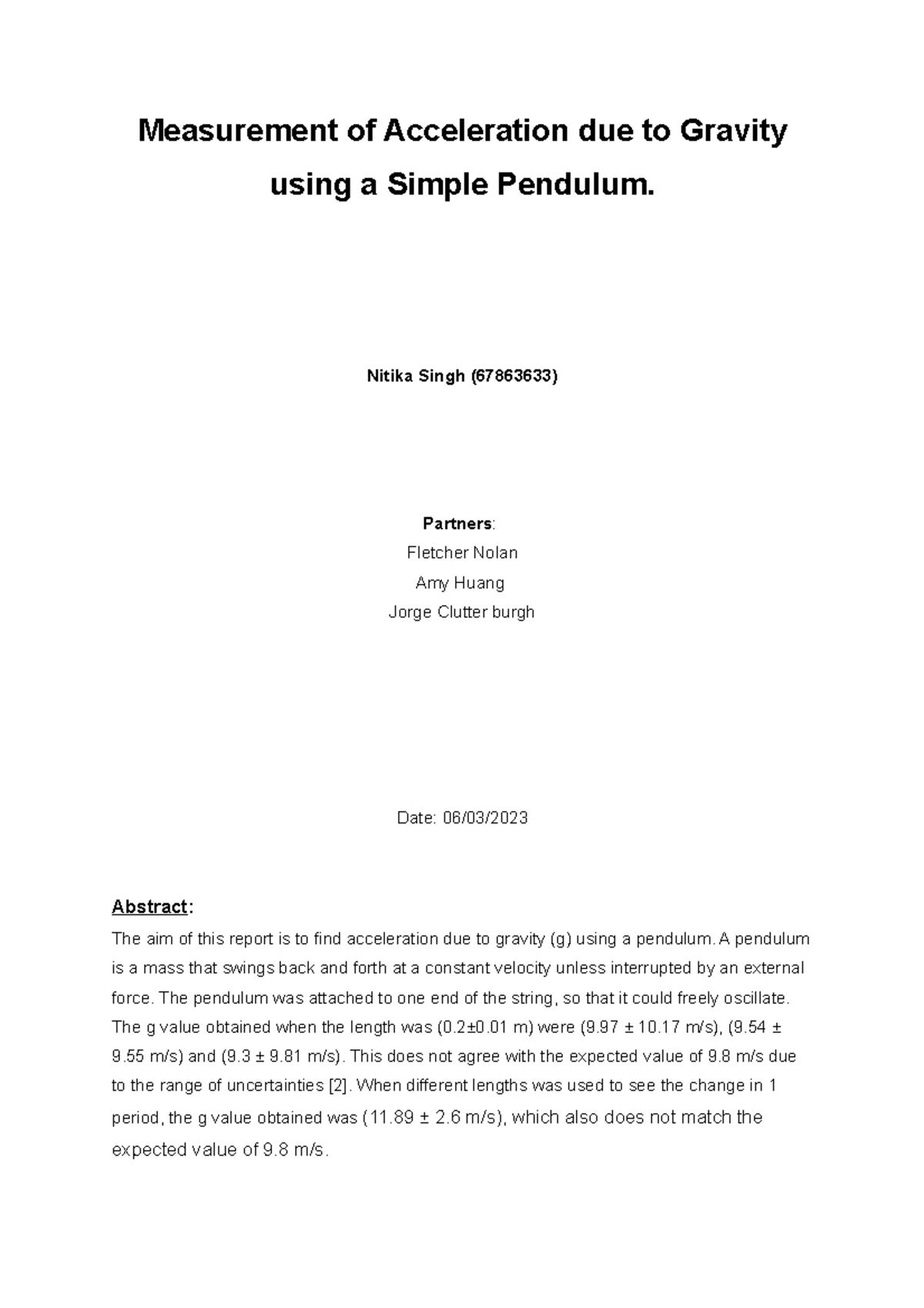 Physics Report on pendulum - Measurement of Acceleration due to Gravity using a Simple Pendulum ...