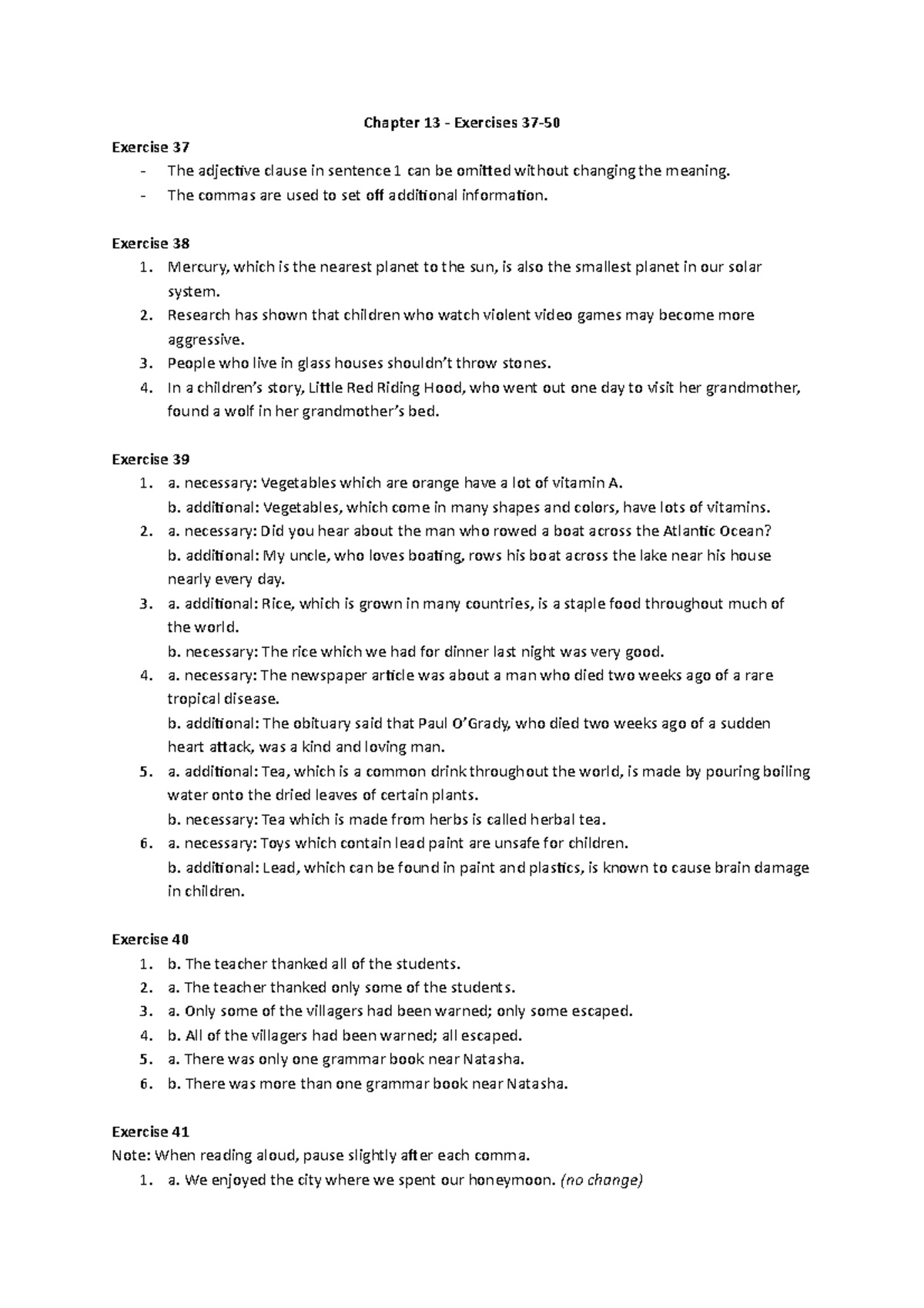 Grammar Chapter 13 Exercises 37-50 - Chapter 13 - Exercises 37- Exercise 37 The adjective clause ...